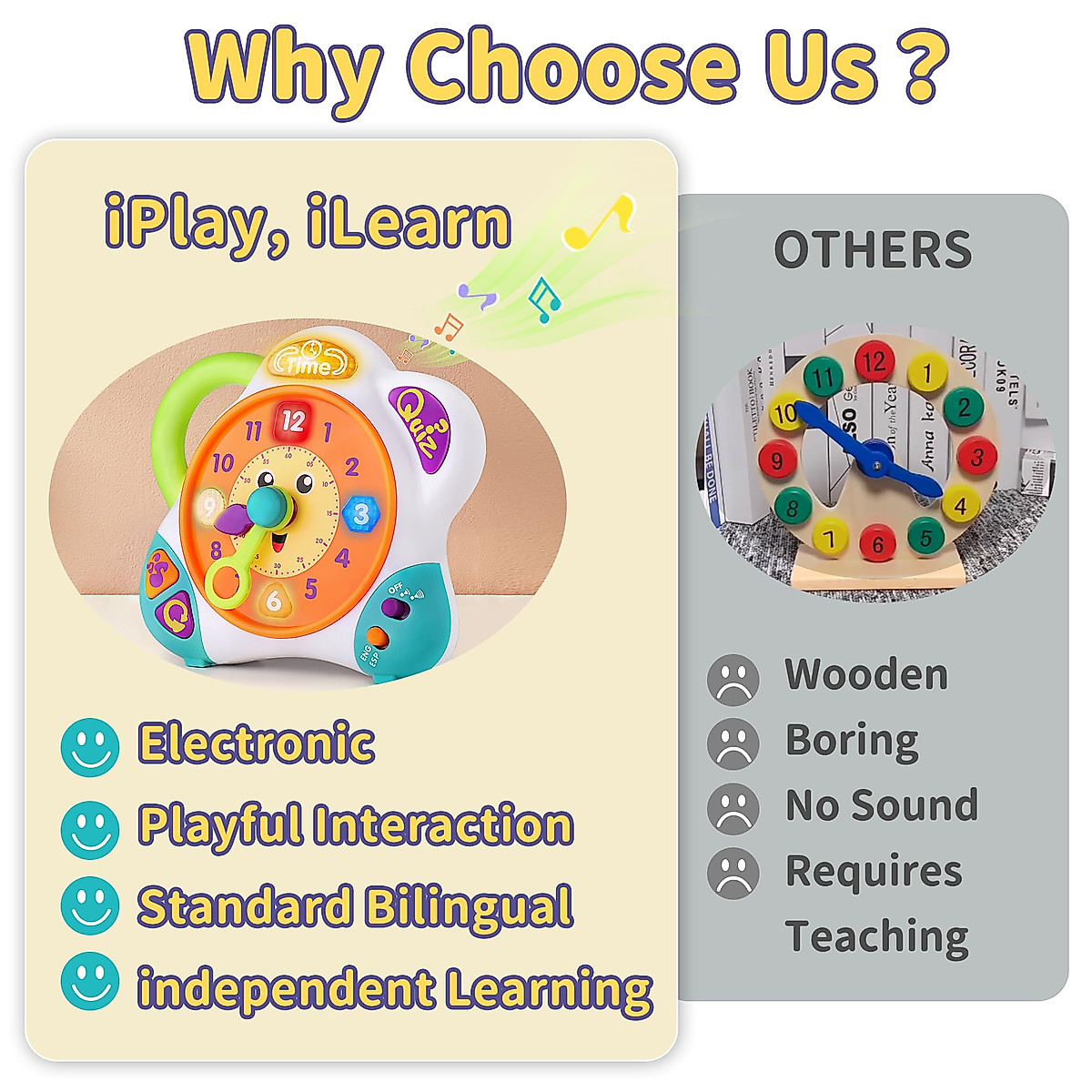 iPlay, iLearn Electronic Teaching Telling Time Learn Clock Toy, Kids Bilingual Teach and Talk Play Clock, Time Activity Toys, Kindergartn Homeschool Supplies for 4 5 6 7 8 Year Old Girls Boys Children