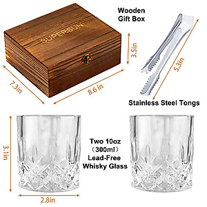 Whiskey Glasses Stones Gifts Set for Men, Pack of 2, 10 oz Scotch Bourbon Glasses, 8 Chilling Rocks and Wooden Box for Him, Boyfriend, Dad, Husband, Father, Groomsmen, Birthday, Anniversary