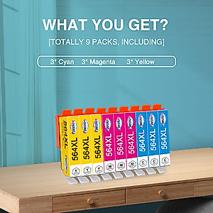 Paeolos Compatible 564XL Ink Cartridge Replacement for HP 564 XL Use with HP DeskJet 3520 3522 Officejet 4620 Photosmart 5520 6510 6520 7520 7525, 9 Packs (3 Cyan, 3 Magenta, 3 Yellow)