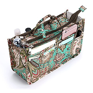 BTSKY New Printing Handbag Organizers Inside Purse Insert-High Capacity 13 Pockets Bag Tote Organizer with Handle Peacock Flower