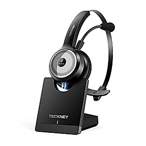 TECKNET Bluetooth 5.0 Wireless Headset with AI Noise Cancelling Microphone and Charging Base for Laptop, On Ear Bluetooth Headphone Telephone Headset for PC, Cell Phone, Skype, All Day Battery Life