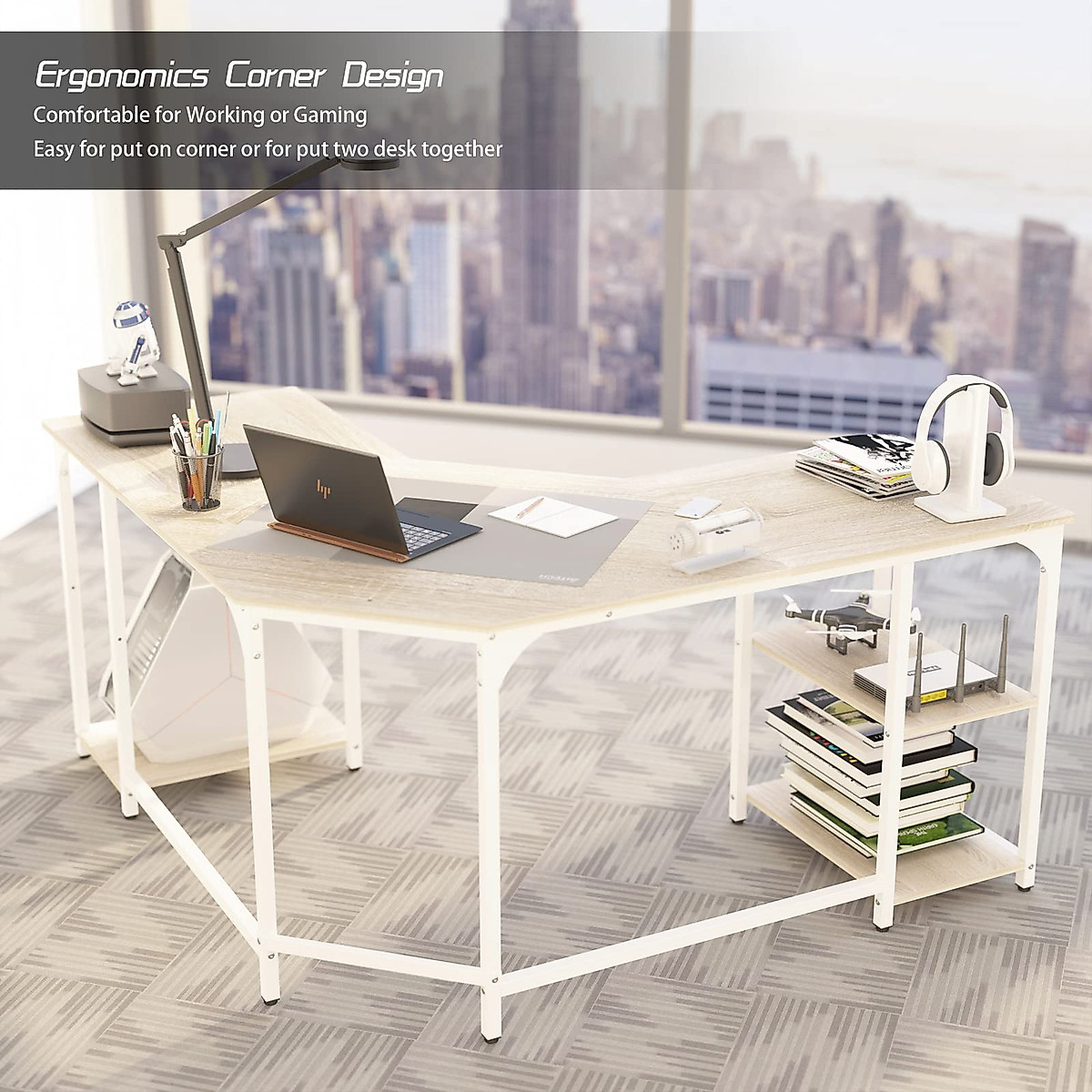 Elephance Large L-Shaped Computer Desk with Shelves, Corner Desk, Home Office Writing Workstation, Gaming Desk PC Latop Table with Storage