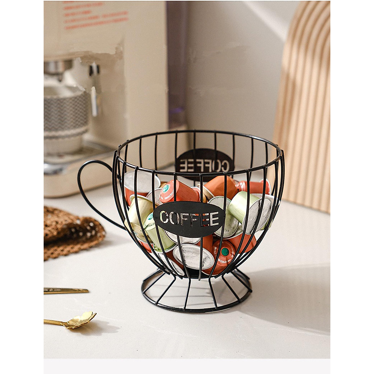 Agirlvct Coffee Pod Holder,Large K-Cup & Nespresso Capsule Organizer, Coffee Capsule Basket, Metal Coffee Bar Organizer for Kitchen Dinning Room Office Home Cafe Hotel (Black-Tea Cup )