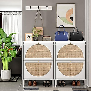 Goderfuu Rattan Shoe Cabinet with 2 Flip Drawers, Shoe Rack for Entryway Shoe Storage Cabinet, 2 Tier Small Shoe Cabinet Slim Shoe Storage Cabinet, White Shoe Cabinet for Heels, Boots, Slippers