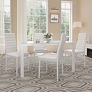 Gizoon 5 Piece Glass Dining Table Set, Kitchen Table and Chairs for 4, PU Leather Modern Dining Room Sets for Home, Kitchen, Dining Room (White)