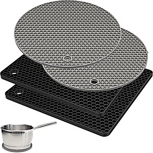 Y6S 4Pcs Silicone Trivet Mats Anti-Slip Square Round Hot Pads Heat-Resistant Hot Holders Spoon Dishes Rest Pad Easy to Wash and Dry BPA Free Dishwasher Safe for Kitchen Counter Y6S(Black and Gray)