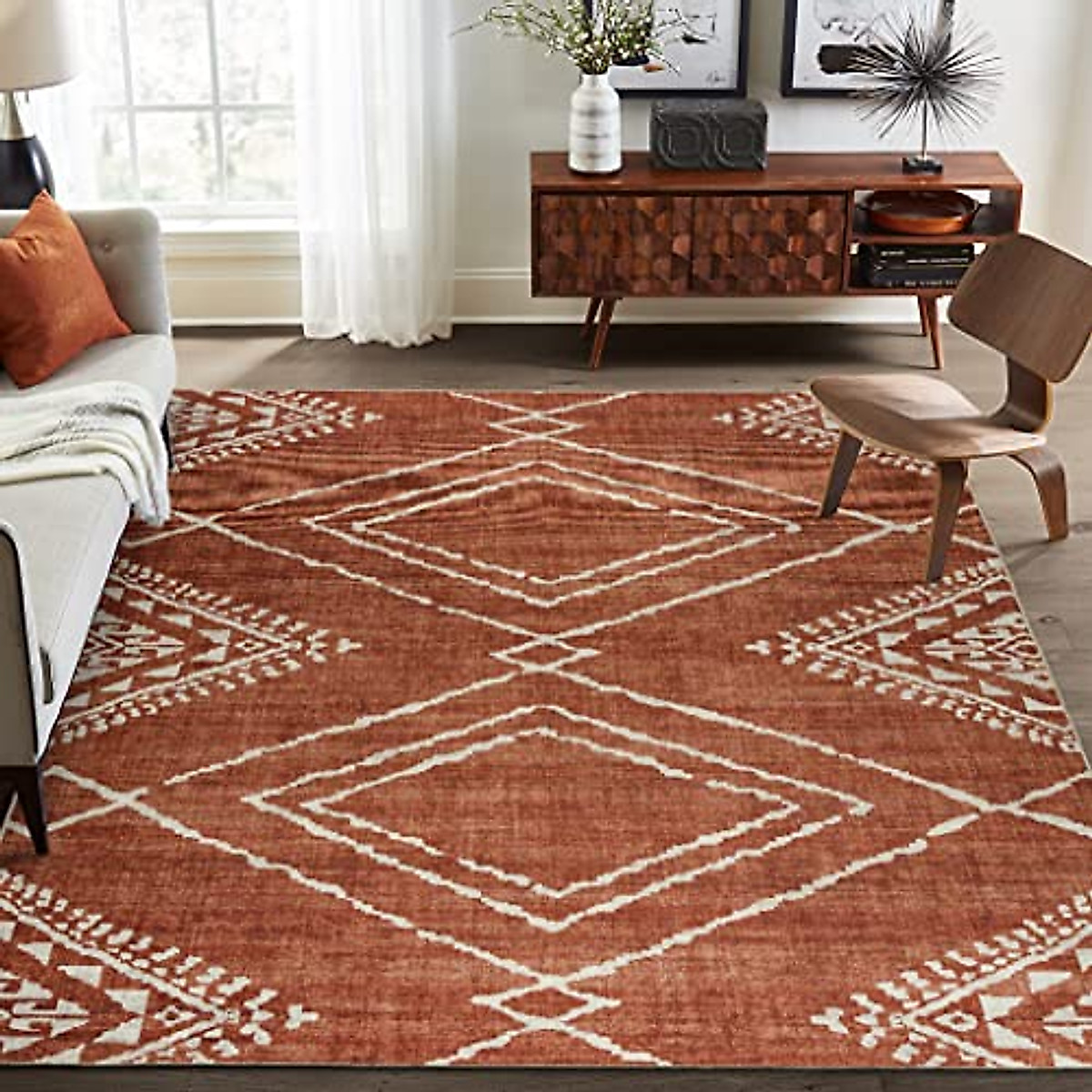 ReaLife Machine Washable Rug - Stain Resistant, Non-Shed - Eco-Friendly, Non-Slip, Family & Pet Friendly - Made from Premium Recycled Fibers - Moroccan Diamond - Orange, 5' x 7'
