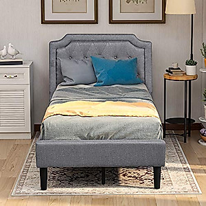 Harper & Bright Designs Twin Upholstered Bed with Headboard, Solid Wood Platform Bed Frame with Wooden Slat Support, No Box Spring Needed (Twin Size, Gray)