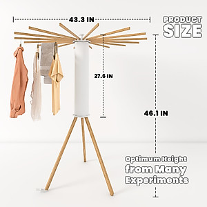 Preruner Foldable Tripod Clothes Drying Rack - Space Saving Design with 16 Expandable Drying Rods, Wooden Octopus Clothing Stand for Home, Balcony and Bedroom Use