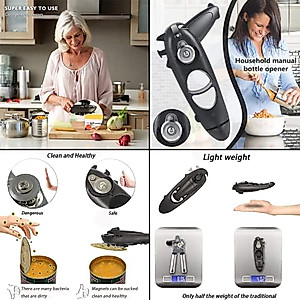 Can Opener Manual 8 in 1 Multifunctional Stainless Steel Bottle Opener with Smooth Edges Hand Held Kitchen Tool with Rotary Handle Gifts for Seniors Safe and Easy to Use （Black）