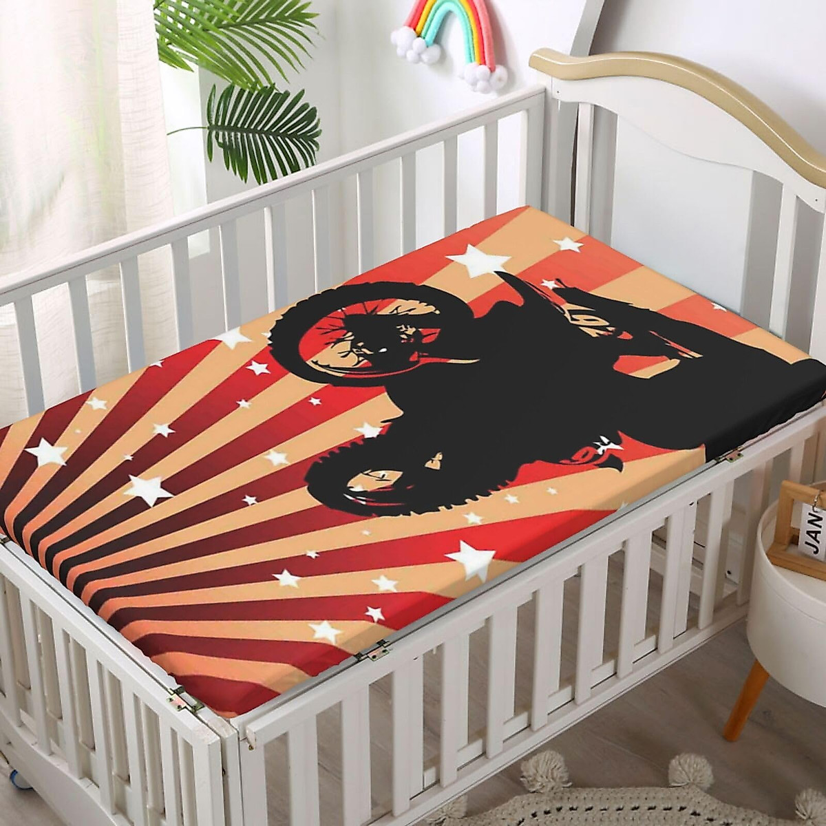 Dirt Bike Themed Fitted Mini Crib Sheets,Portable Mini Crib Sheets Soft & Stretchy Fitted Crib Sheet - Crib Mattress Sheet or Toddler Bed Sheet,24“ x38“,Vermilion Peach and Black