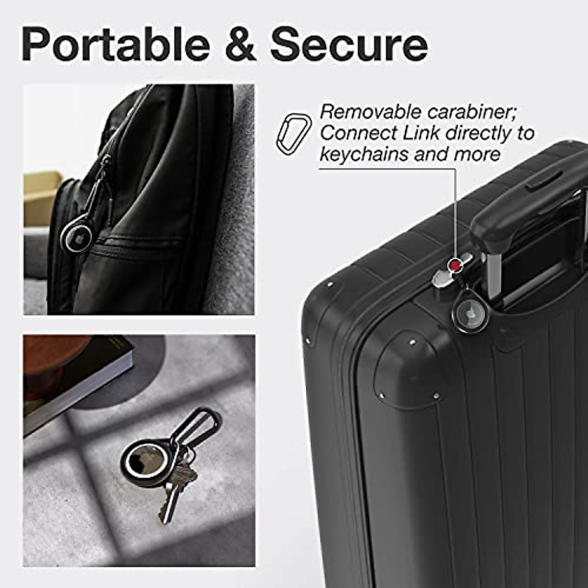 Raptic Link Case Compatible with Apple AirTags, Keychain Air Tag Case Holder, Protective Machined Aluminum Case with Silicone Lining, Detachable Carabiner, Black/Silver