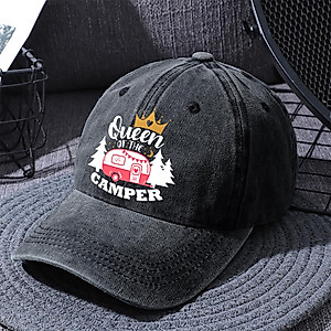 Pishovi Queen of The Camper Funny Distressed Washed Black Baseball Cap, Vintage Adjustable Cotton Cap, Retirement Gifts for Men and Women, Birthday Gift for Mom Wife Sister BFF Camping Lovers
