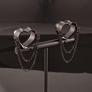 DOEARKO 2 Pcs Ear Gauges Simple Style Tunnels Dangle Plugs with Chain Elegant Stretchers Hypoallergenic Stainless Steel Body Jewelry (14mm(9/16"), Black Heart)