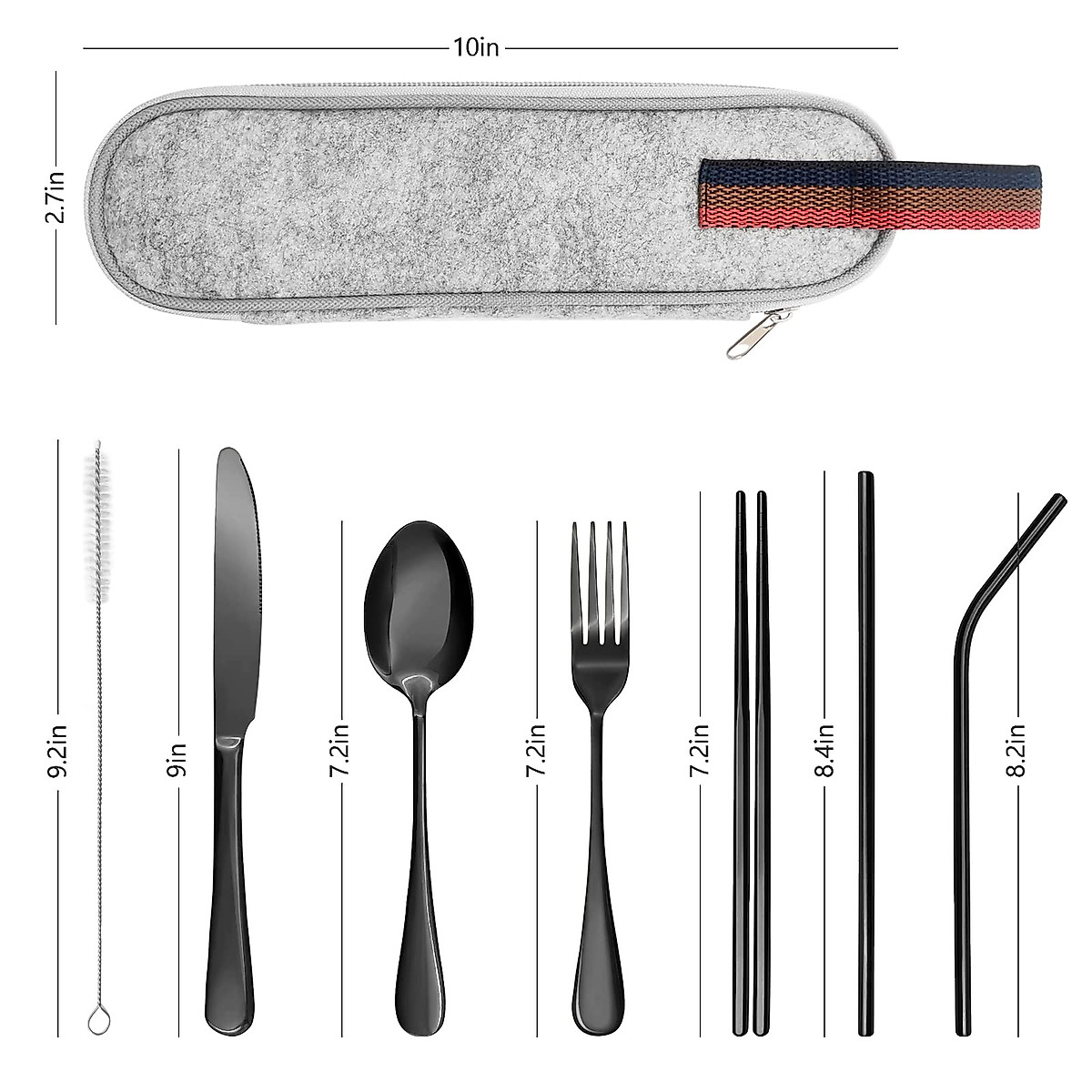 Travel Silverware Set with Case,Travel Flatware Set Includes Chopsticks Reusable,Fork, Knife and Straws, Black Utensils Set, Reusable Silverware for Lunch