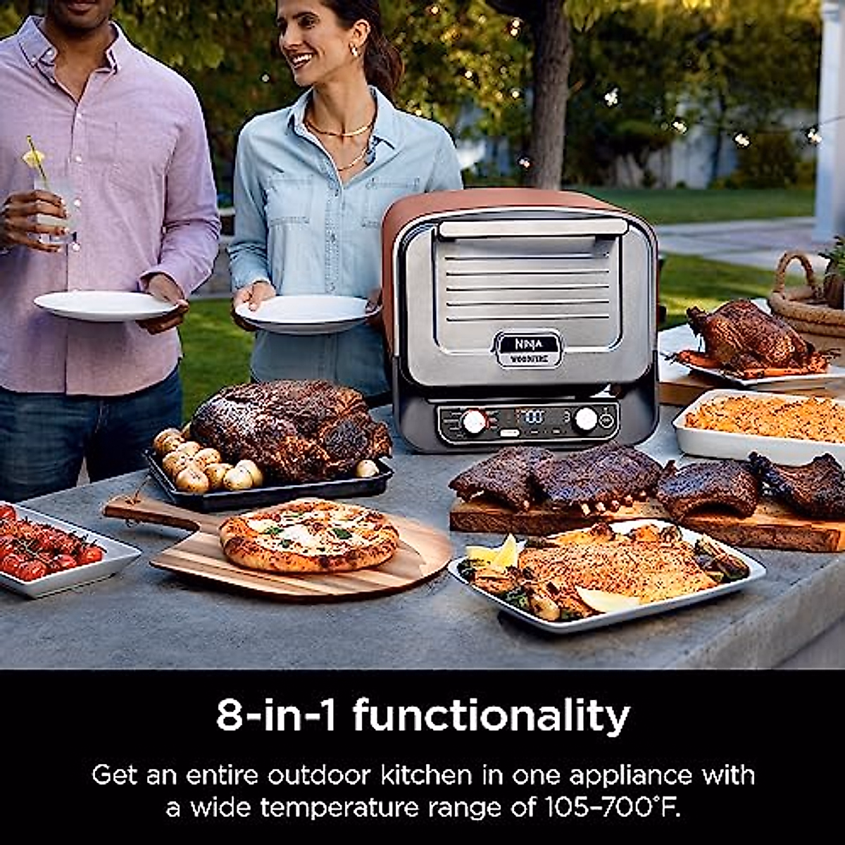 Ninja OO101 Woodfire 8-in-1 Outdoor Oven, Pizza Oven, 700°F High Heat Roaster, BBQ Smoker, Woodfire Technology, Pellets for Woodfire Flavor, Weather Resistant, Portable, Electric, Terracotta Red