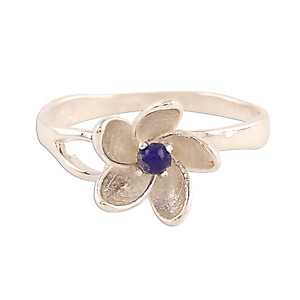 NOVICA Artisan handmade lapis lazuli cocktail ring floral from india sterling silver birthstone gemstone [Ring front 0.4 in L x 0.6 in W x 0.2 in H Band width 2 mm W] ' lapis flower'