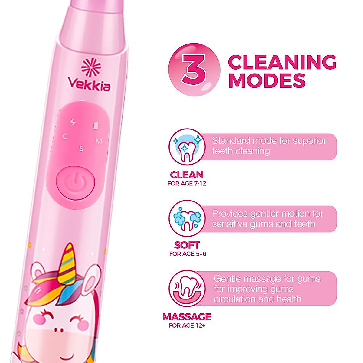 Vekkia Sonic Rechargeable Kids Electric Toothbrush, 3 Modes with Memory, Fun & Easy Cleaning, 24000 Strokes, IPX7 Waterproof, 2-Min Timer for Age 5+, 4 Soft Bristles(Pink)