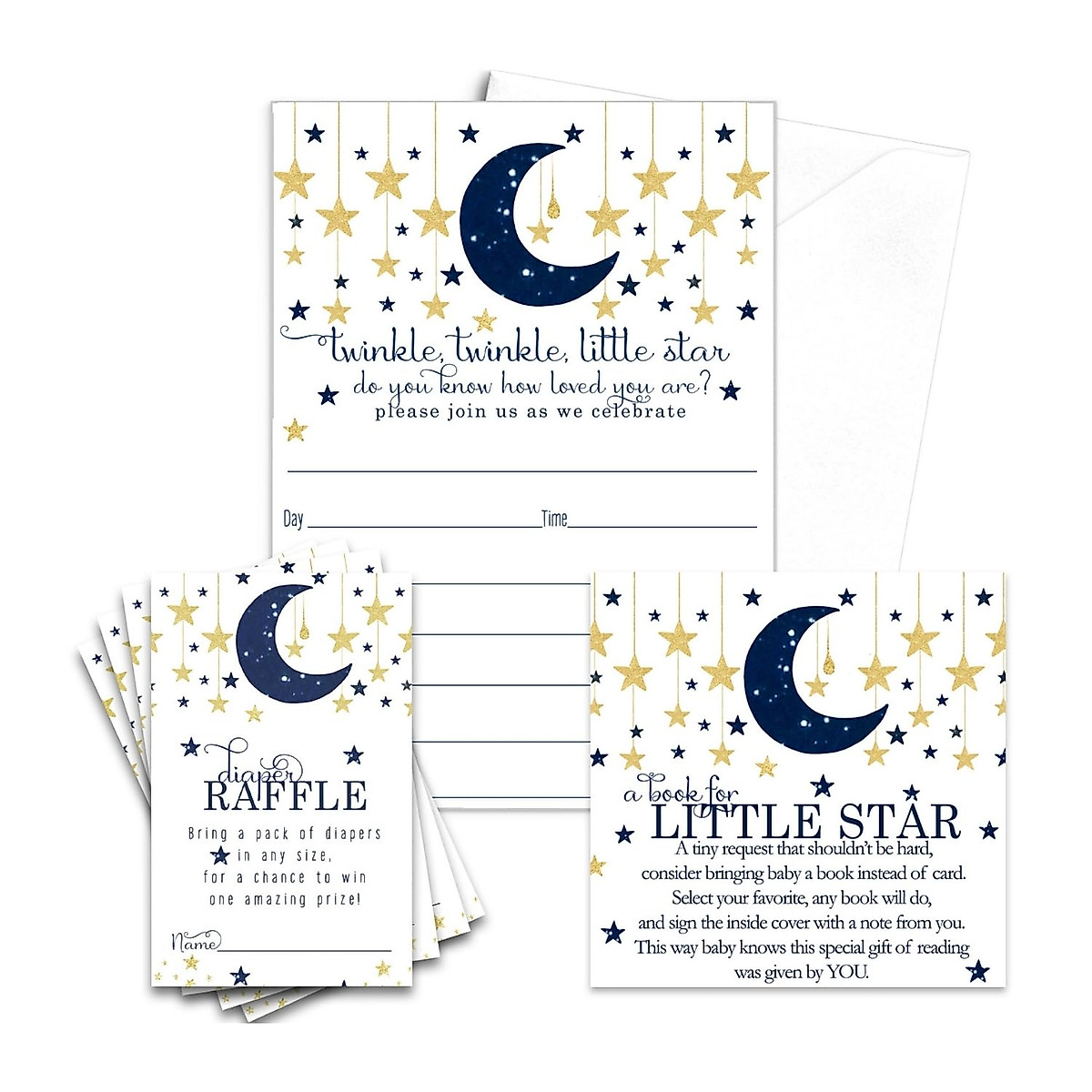 Twinkle Little Star Baby Shower Invitation Bundle (25 of Each) Blank Invites with Envelopes for Boys Diaper Raffle Insert and Bring a Book Insert Cards Set Navy and Gold Theme Celestial