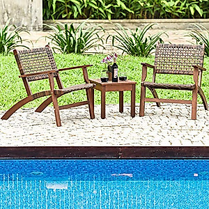 Tangkula 3 PCS Patio Conversation Set, Solid Eucalyptus Wood Frame Outdoor Wicker Furniture Set Bistro Set with Coffee Table, Rattan Furniture Set for Backyard Porch Garden Poolside Balcony (Brown)