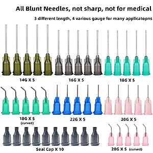 30 Pack 1ml, 3ml, 5ml, 10ml, 20ml, Dispenser and 50ml Glue Bottle. 14ga, 16ga, 18ga, 20ga, 22ga Dispensing head and Caps. Measuring Liquids and Refilling. Glue Applicator or Oil