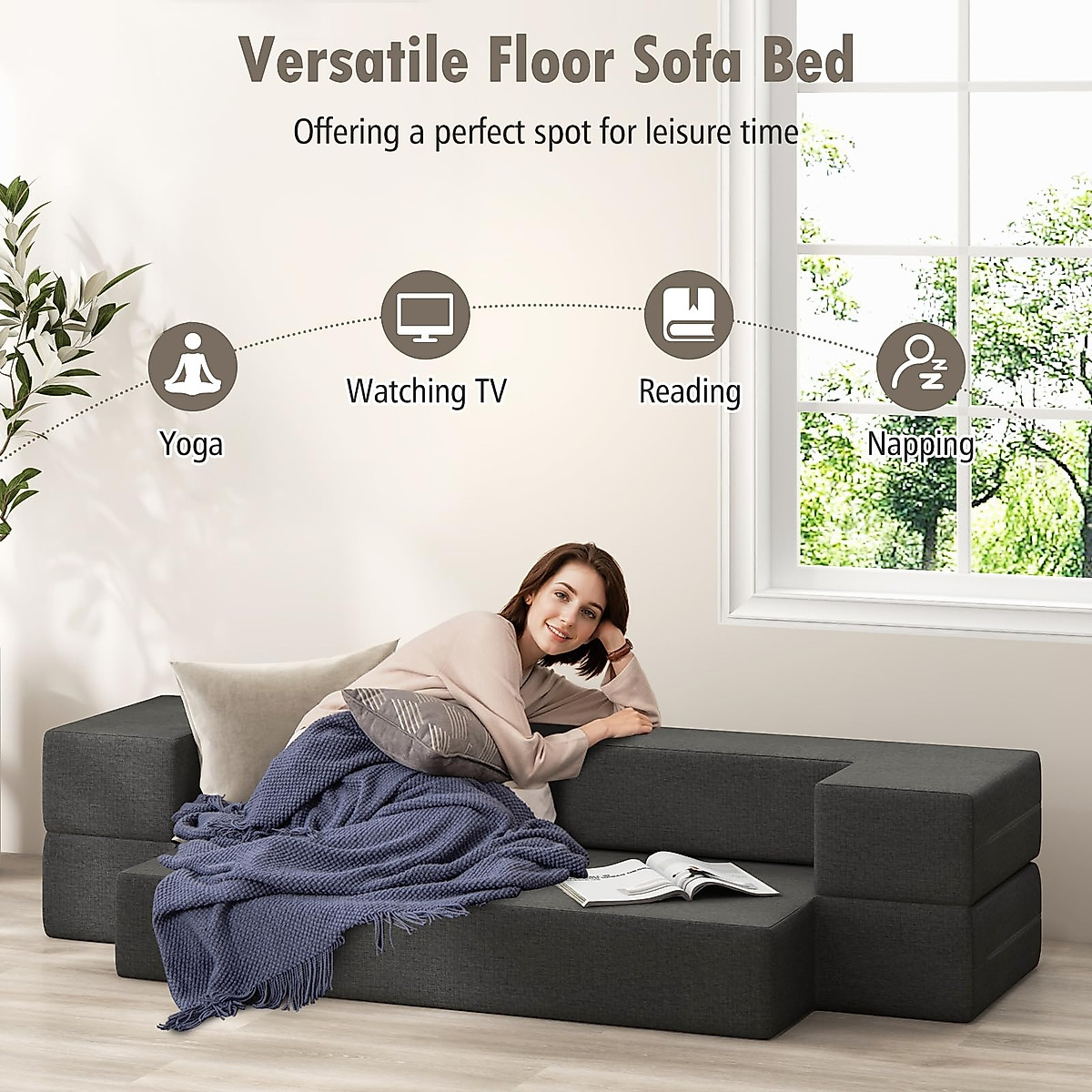 KOMFOTT Convertible Floor Sofa Bed, 8 Inch Memory Foam Mattress with Washable Cover, Fold Out Sleeper Sofa Futon Couch, Linen Fabric Floor Couch for Living Room, Bedroom, Guest Room, Dark Grey, Twin