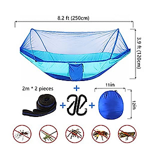 LFL Camping Hammock with Mosquito Net, Hammocks with 13ft Tree Straps Carabiners, Automatic Quick Open Outdoor Portable Hammock, Nylon Parachute Material Hammock with net, Blue