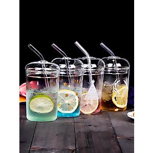 Ework4U 2 Pcs Drinking Glasses with Glass Lids and Glass Straw 16oz Glassware Set,Iced Coffee Glasses,Ideal for Water,Soda,Tea,Gift - with Cleaning Brushe