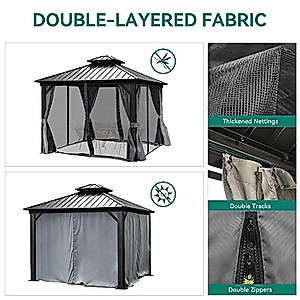 YITAHOME 10x10ft Hardtop Gazebo with Nettings and Curtains, Heavy Duty Double Roof Galvanized Steel Outdoor Combined of Vertical Stripes Roof for Patio, Backyard, Deck, Lawns, Gray