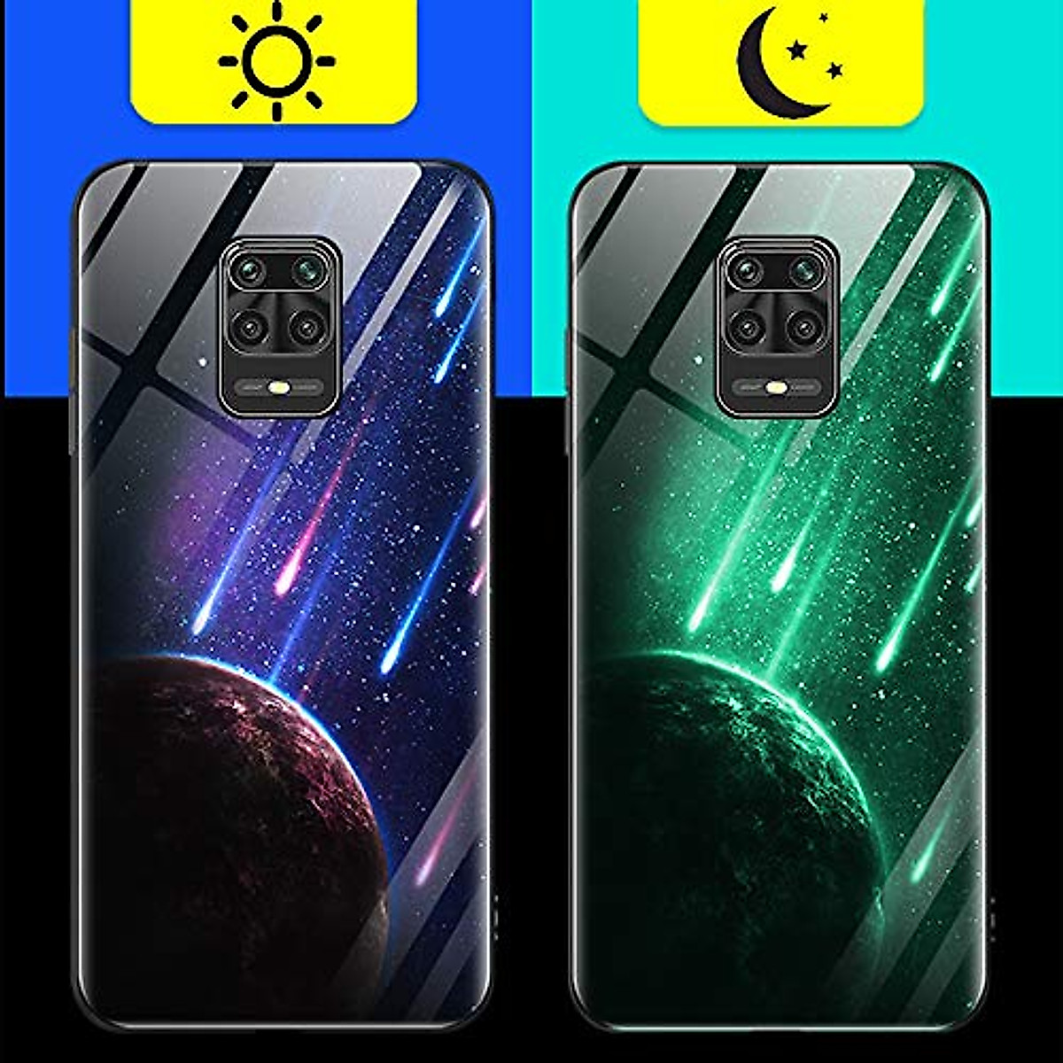 Leton-US Xiaomi Redmi Note 9S/Note 9 Pro Case Silicone Luminous Noctilucent 9H Tempered Glass Back Cover Soft Slim TPU Bumper Shockproof Phone Case Cover for Redmi Note 9S Glow in Dark Meteorite