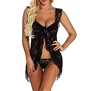 Qopobobo Women Lingerie Naughty Sexy Plus Women Lace Lingerie Front Closure Cardigan V Neck Nightwear Sexy Chemise Nightie Black