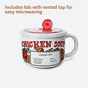 Old & Bold - 4 27 Oz Soup Bowls With Lids - Retro Soup Recipe Ceramic Mugs With Vented Lids and Handles - Pack of 4 - Microwave and Dishwasher Safe - For Soup, Instant Noodles, Cereal