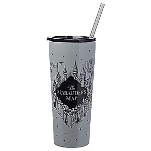 Silver Buffalo Harry Potter Marauder's Map Solemnly Swear Mischief Managed Double Walled Stainless Steel Tumbler With Straw, 22 Ounces