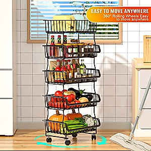 Fruit Vegetable Basket for Kitchen, 5 Tier Stackable Metal Wire Storage Basket Organizer Baskets with Rolling Wheels, Utility Rack for Kitchen, Pantry, Bathroom