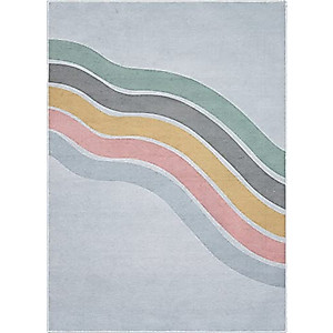 Well Woven Kids Modern Rugs Curved Rainbow 5' x 7' Multi Color Printed Machine Washable Area Rug