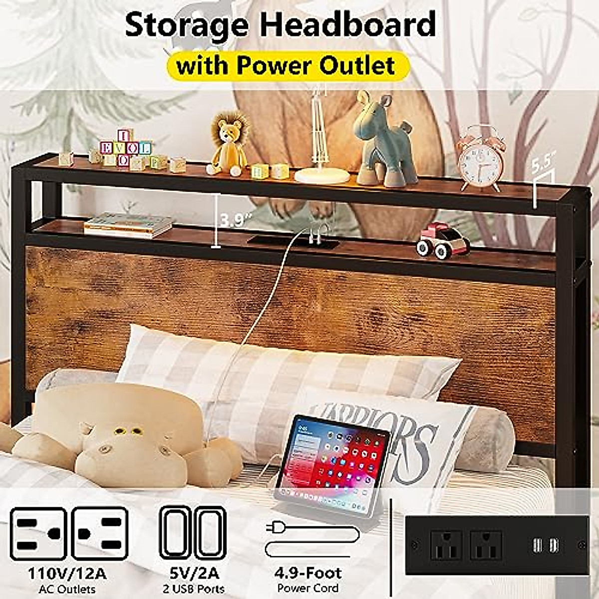 IRONCK Twin Bed Frames for Kids, Platform Bed with Storage Headboard and Charging Station, Heavy Duty Metal Slats, Noise Free, Easy Assembly, Vintage Brown