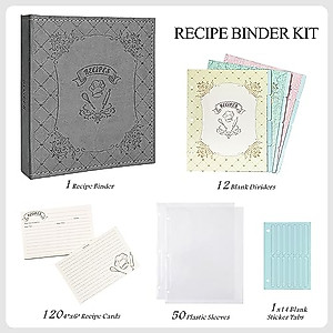 COFICE Recipe Binder Book to Write in Your Own Recipes with Plastic Sleeves, Blank Family Recipe Cards Organizer Kit (Gray)