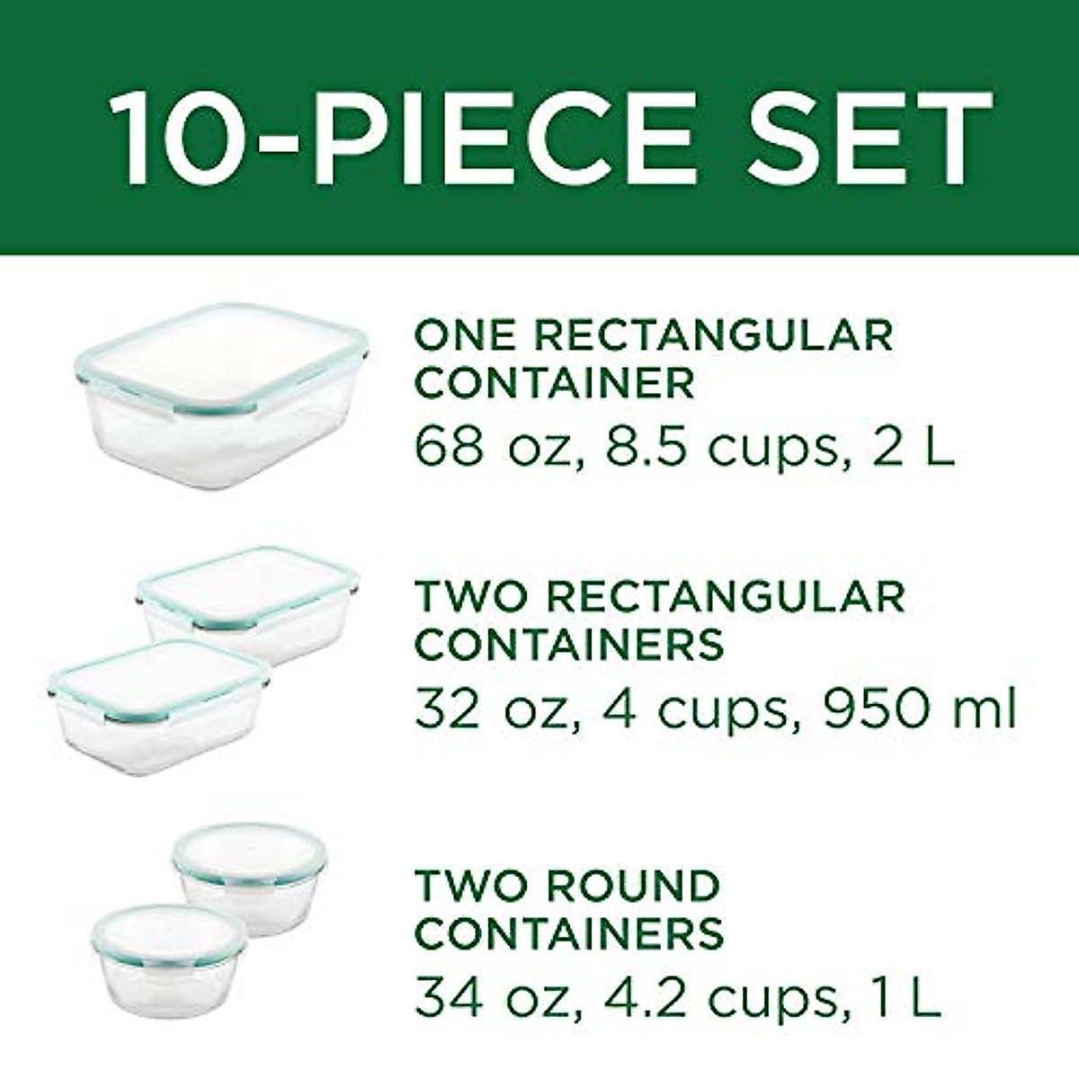 LocknLock Purely Better Glass Food Storage Container Set, 10 Piece, Clear