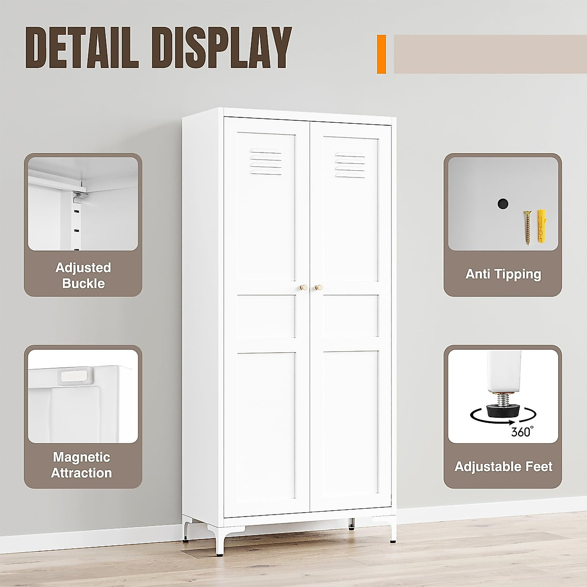 Yizosh Metal Storage Cabinet with 2 Doors and 4 Adjustable Shelves - 61" White Kitchen Pantry Storage Cabinet, 5-Tier Tall Steel Cabinet Locker for Kitchen, Living Room, Dining Room
