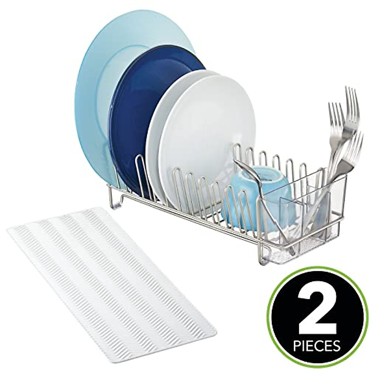 mDesign Steel Sink Dish Drying Rack/Dish Drainer Storage Organizer w/Wire Drainer, Drying Mat for Kitchen Counter, Easy Drain/Dry Dishes, Plate, Utensil - Concerto Collection, Set of 2 - Satin/White