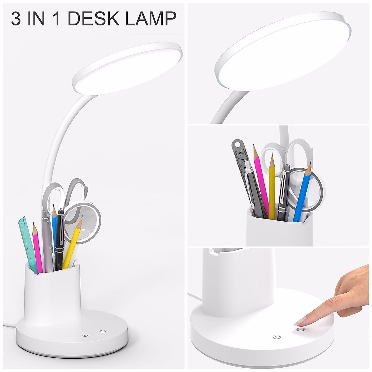 Vicsoon Desk Lamp, LED Desk Lamp for Home Office, Touch Table Lamp with 3 Color Modes 360° Adjustable Arm, Dimmable Desk Light with Pen Phone Holder, White