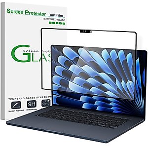 amFilm Designed for MacBook Air 15-Inch (M3 Chip/M2 Chip, 2023-2024 Released) Tempered Glass Screen Protector [Zero Bubbles][9H Hardness][ Anti-Scratch][ Anti-Fingerprint], 1 Pack