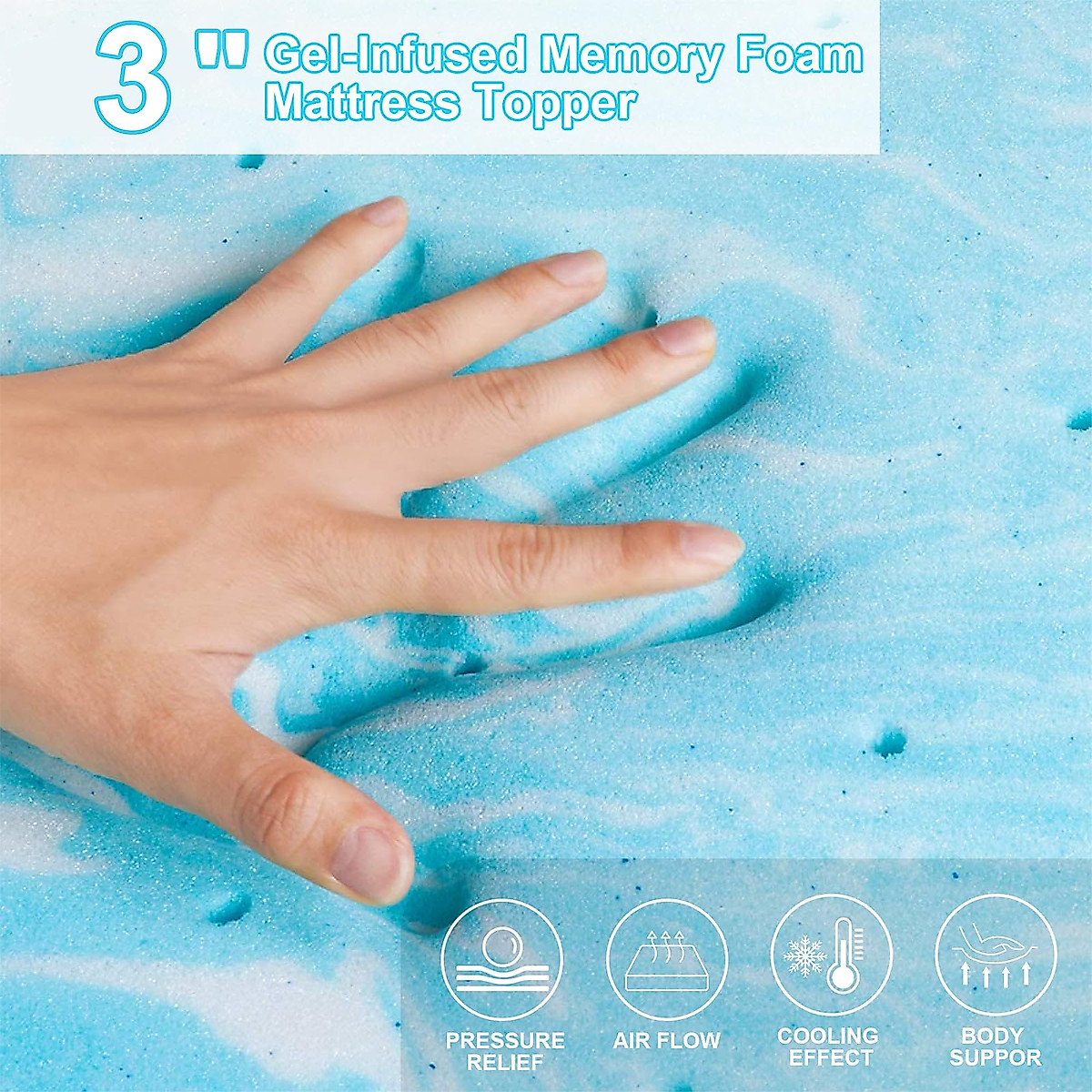 Opoiar Memory Foam Mattress Topper Full 3 inch Ventilated Bed Topper,Cooling Gel Infused for Pressure Relief & Back Pain,Full Size in a Box,Medium-Firm,Made in USA,CertiPUR-US Certified, Blue