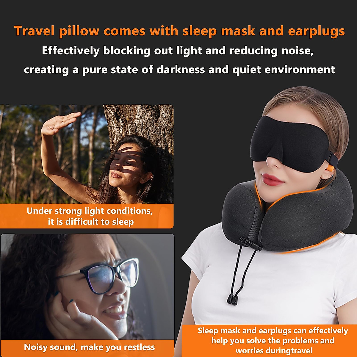 MLVOC Travel Pillow 100% Pure Memory Foam Neck Pillow, Comfortable & Breathable Cover, Machine Washable, Airplane Travel Kit with 3D Contoured Eye Masks, Earplugs, and Luxury Bag, Standard (Black)