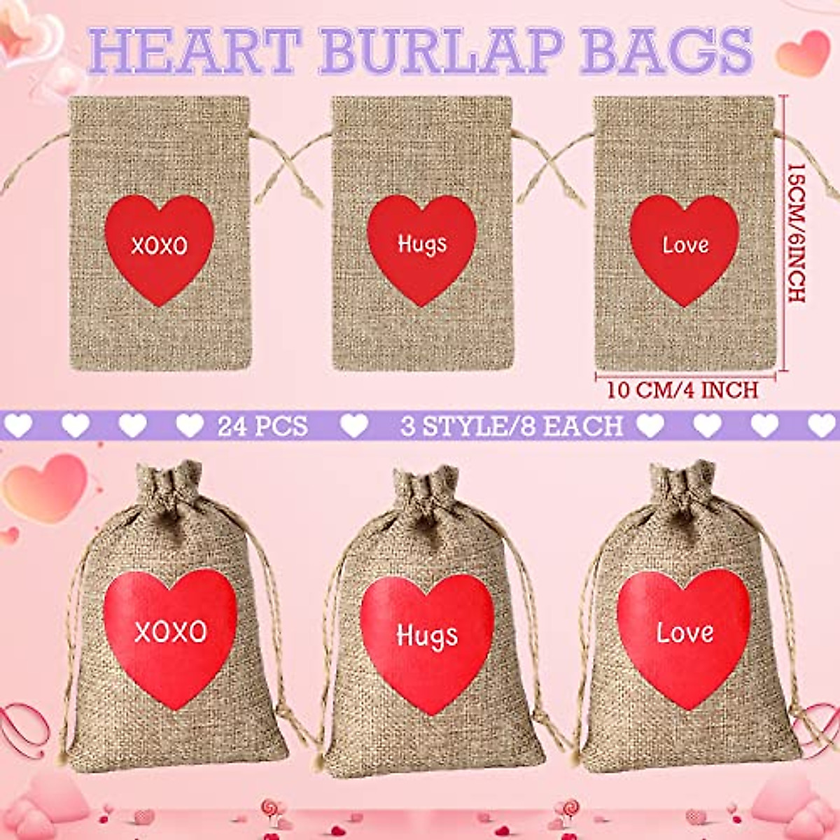 Crtiin 24 Pieces Valentine Heart Burlap Bags Valentine's Gift Bag Gift Candy Drawstring Bags Pouch Linen Gift Pockets for Valentines Party Favors Treat Goodie Bags (Letter Style)