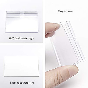 50pcs Labels for Storage Bins Plastic Label Clip, Basket Labels Clip On Wire Shelf Price Label Holder Merchandise Sign Display Holder, 50pcs Label Insert Included (6x4cm)