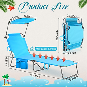 Wenqik 2 Pcs Foldable Beach Lounge Chair with 360° Canopy Sun Shade, Side Pocket, Carry Handle Beach Sunbathing Recliner Tanning Chair 4 Position Adjustable Backrest for Outside, Patio, Poolside