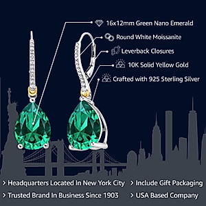 Gem Stone King 925 Sterling Silver and 10K Yellow Gold 16X12MM Pear Shape Gemstone Birthstone and White Moissanite Teardrop Drop Dangle Earrings For Women