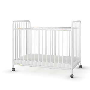 Child Craft Little Dreamer Metal Compact Folding Portable Crib with 2” Crib Mattress and 2 Easy Roll Locking Wheels, Durable Metal Construction, Easy to Clean (White)