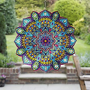 Exhart 3D Mandala Wind Spinner – Laser Cut Metal Mandala Art Hanging Décor w/Crystal Accent Beads –Starburst Décor, Hanging Wind Spinner, 3D Metal Art, Indoor/Outdoor Decor, 12 Inches